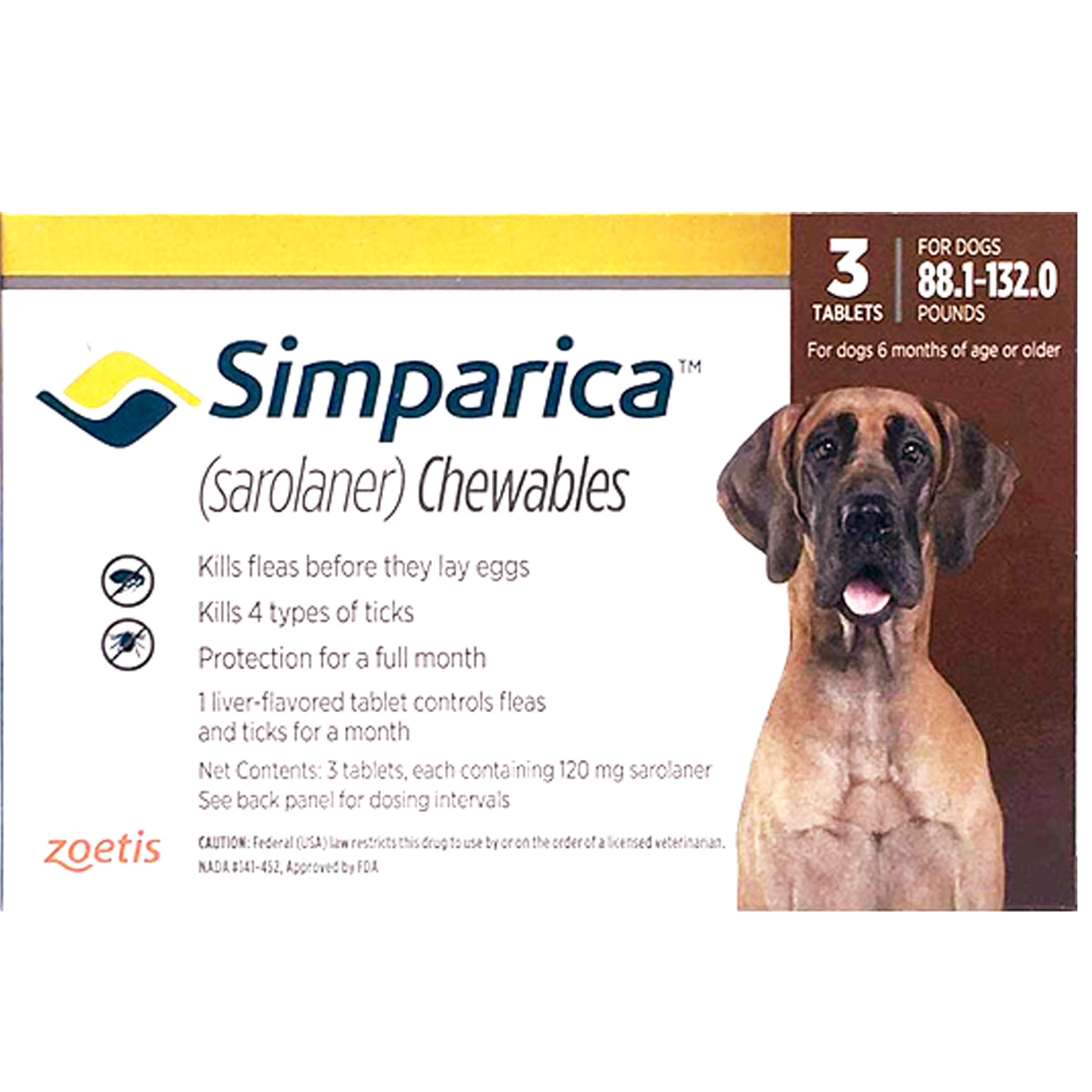 Simparica (Sarolaner) Chewable 120mg 88.1-132 lbs 3 TABLETS